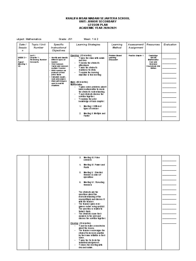 Lesson Plan JS1 W 3-4 | PDF | Lesson Plan | Learning