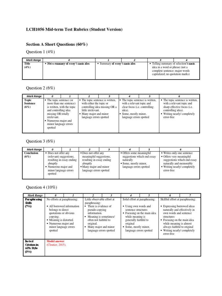 LCH1056 Mid-Term Test Rubrics (Student Version) | PDF | Essays ...