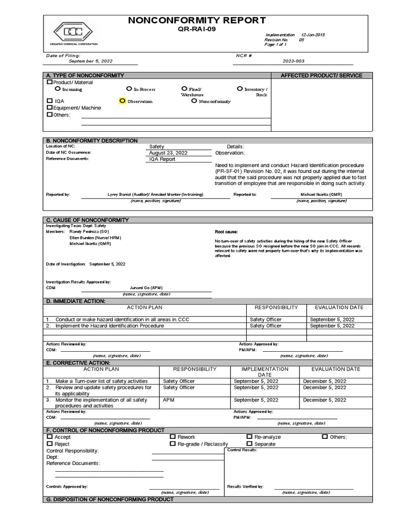 NON-CONFORMITY Report (SAF) | Download Free PDF | Business