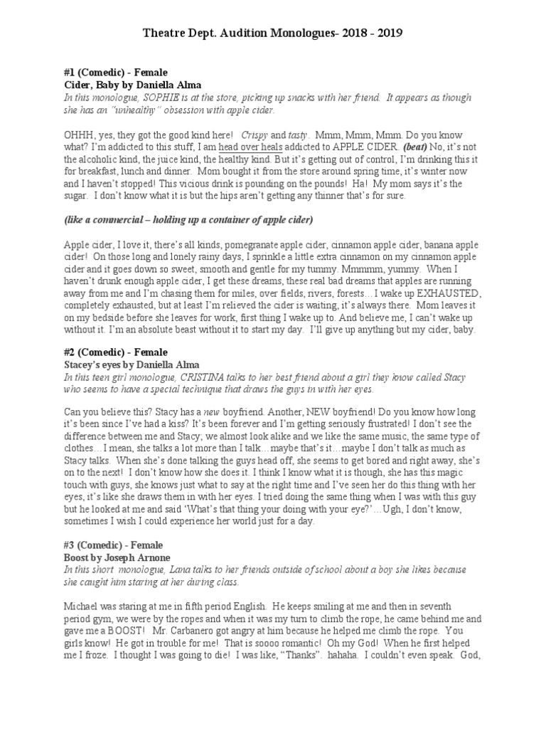 Theatre Dept. Audition Monologues 2018 2019 2 | PDF
