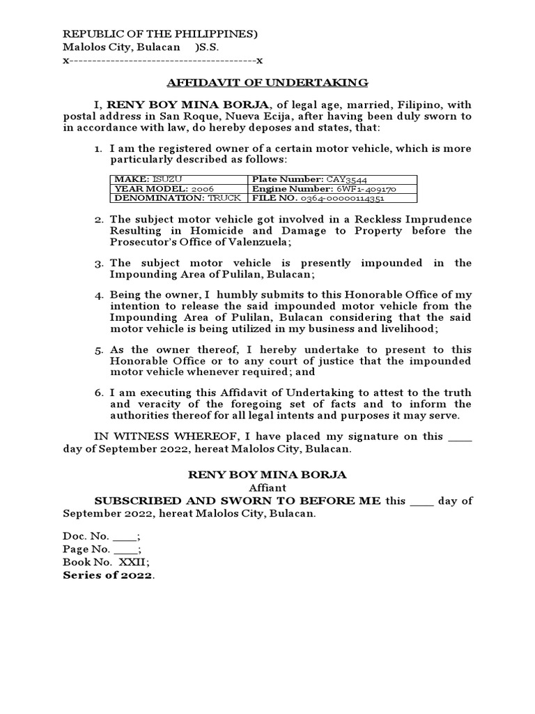 Affidavit of Undertaking BORJA Impound Vehicle | PDF