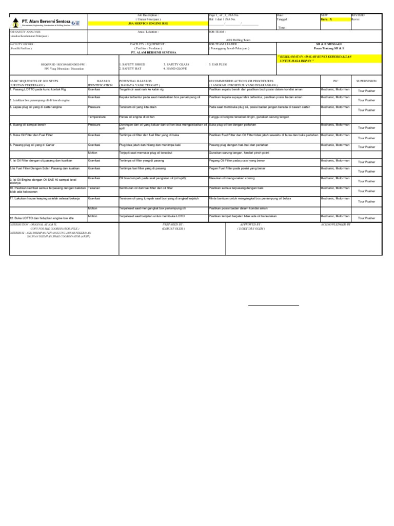 SOP & JSA Service Engine Rig | PDF