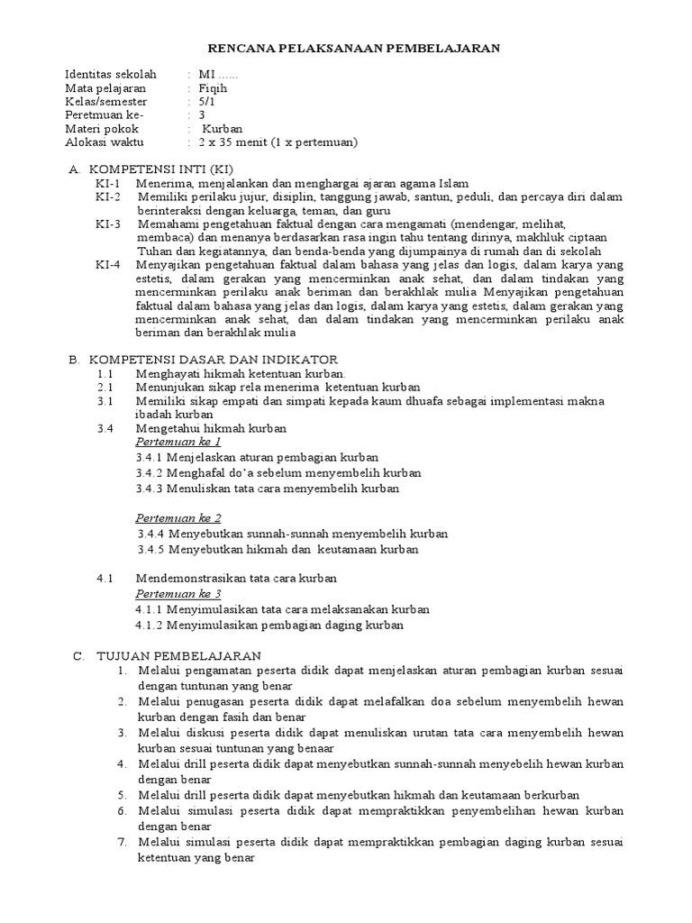 RPP K13 Fiqih Kelas 5 Semester 2 Kurban 3 | PDF