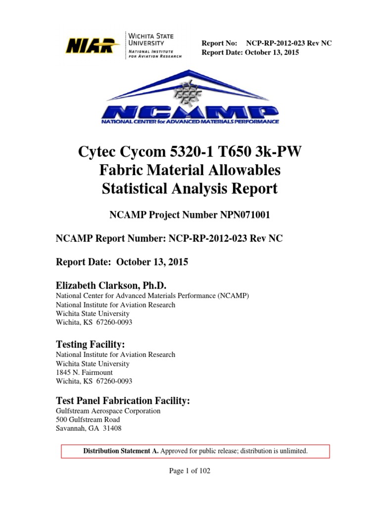 Cytec Cycom 5320-1 T650 3k-PW Fabric Material Allowables Statistical Analysis Report | Download ...