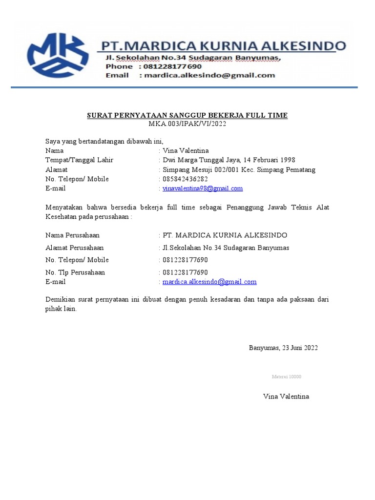 5.surat Pernyataan Sanggup Bekerja Full Time | PDF
