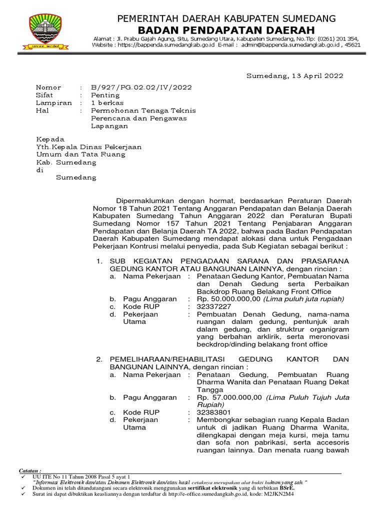 Contoh - Surat Permohonan Tenaga Perencana Dan Pengawas | PDF