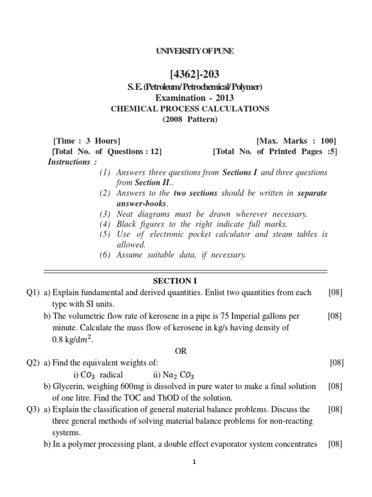 CHEMICAL PROCESS CALCULATIONS (2008 Pattern) | PDF | Solvent | Physical Chemistry