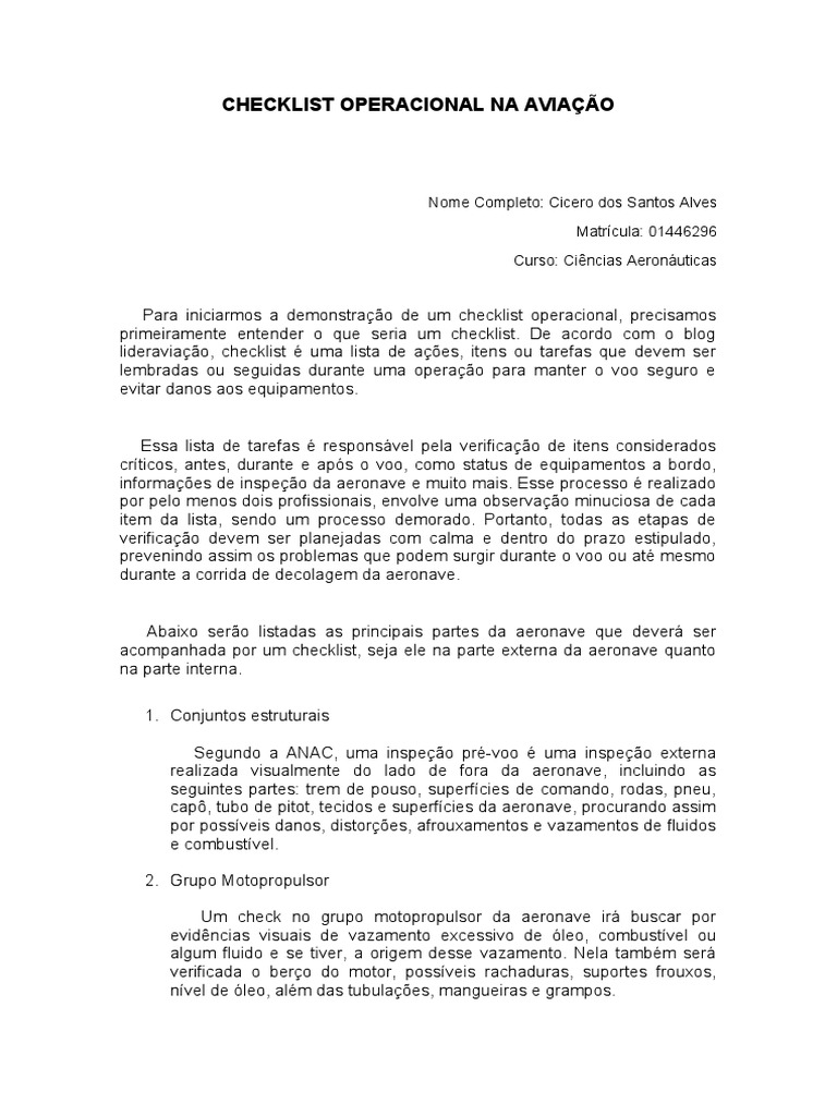 Checklist Operacional Na Aviação AV1 Nav. | PDF | Aeronave | Voo