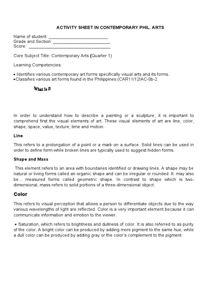 Activity Sheet in Arts 2 | PDF | Shape | Color