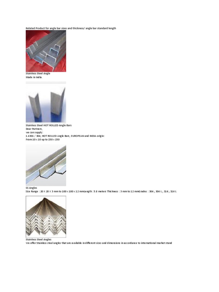 Stainless Steel Angle Bar Sizes Guide | PDF