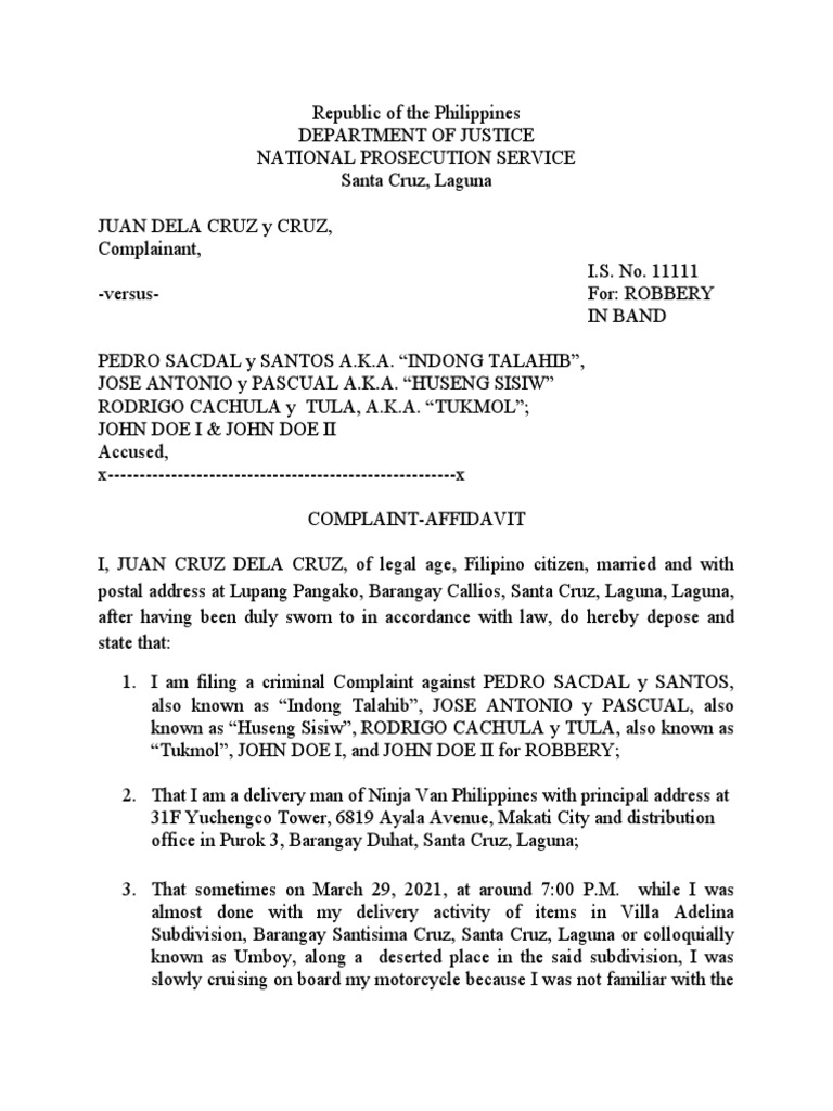 Complaint Affidavit Sample | Download Free PDF | Affidavit | Justice