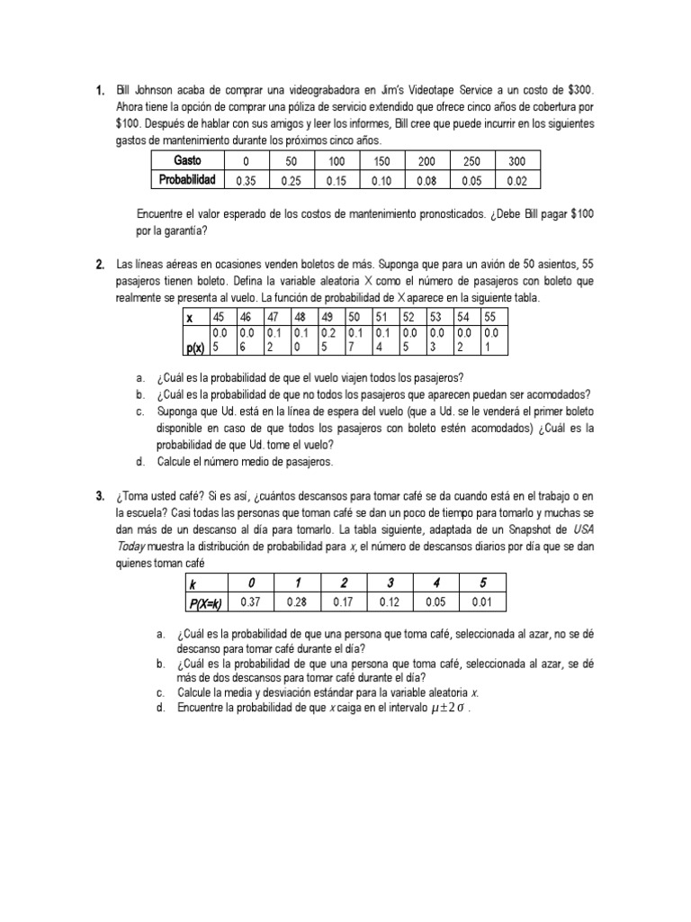 Ejercicios de Variable Aleatoria Discreta | PDF | Probabilidades y ...