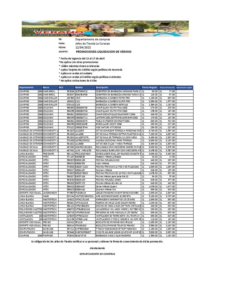 Memo de Promociones Liquidacion de Verano - Vigencia 15 Al 17 de Abril-Crc | PDF | Bienes ...