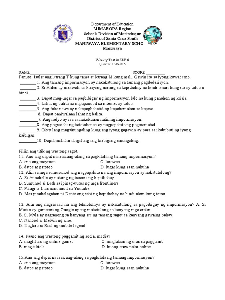 Esp 6 Quarter 1 Week 5WEEKLY TEST | PDF