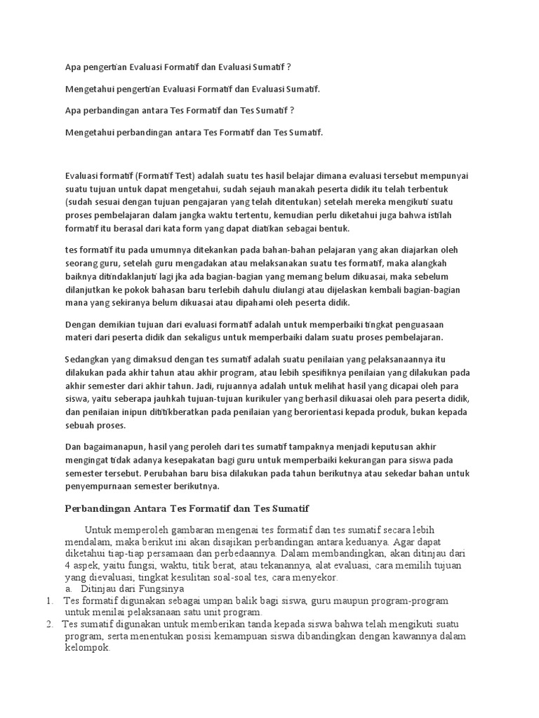Apa Pengertian Evaluasi Formatif Dan Evaluasi Sumatif | PDF