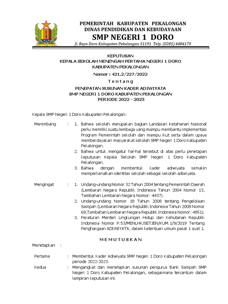 SK Kader Adiwiyata SMPN 1 Doro | PDF