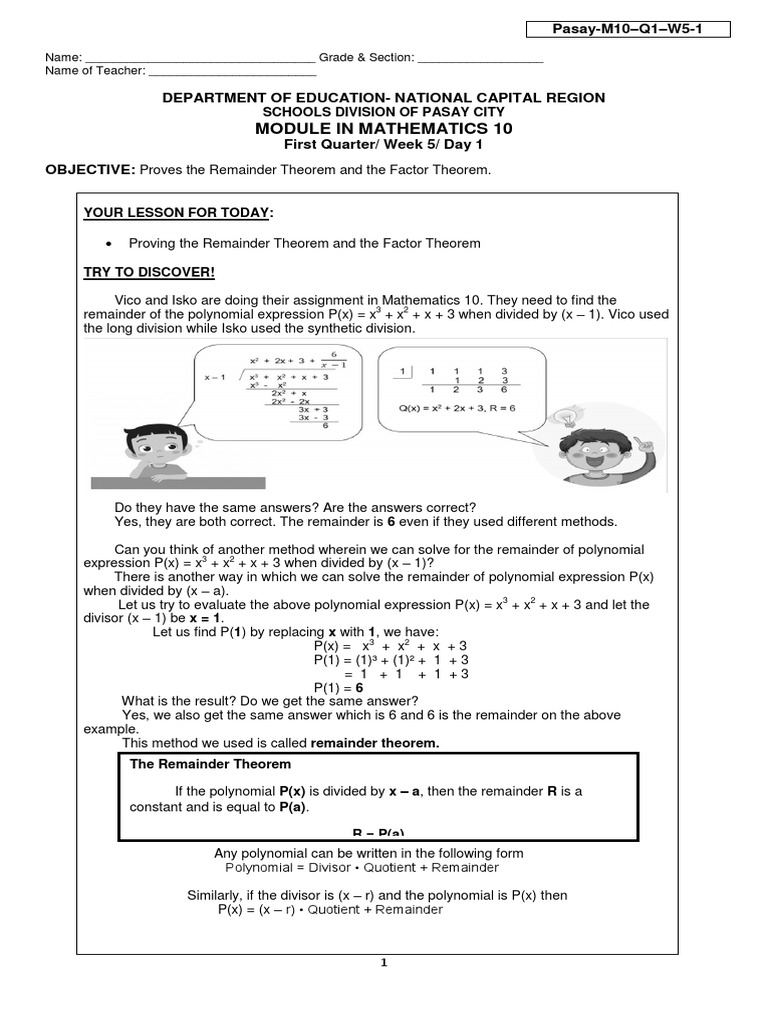 3 Math10 Q1 W5 | PDF | Factorization | Polynomial