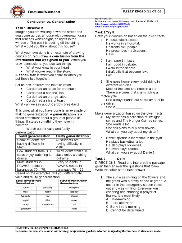 Q1 W5 Conclusion Vs Generalization | PDF | Cognitive Science | Cognition