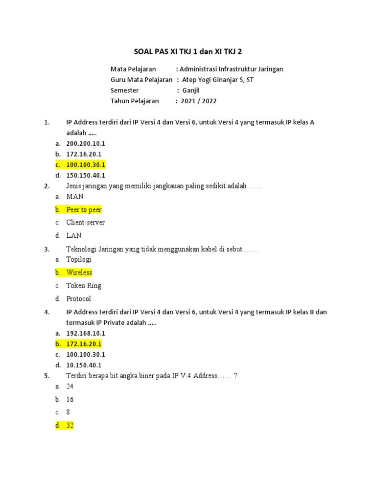 Soal XI TKJ 1 Dan 2 (Adm Infrastruktur Jaringan) | PDF Soal XI TKJ 1 Dan 2 (Adm Infrastruktur Jaringan) | PDF