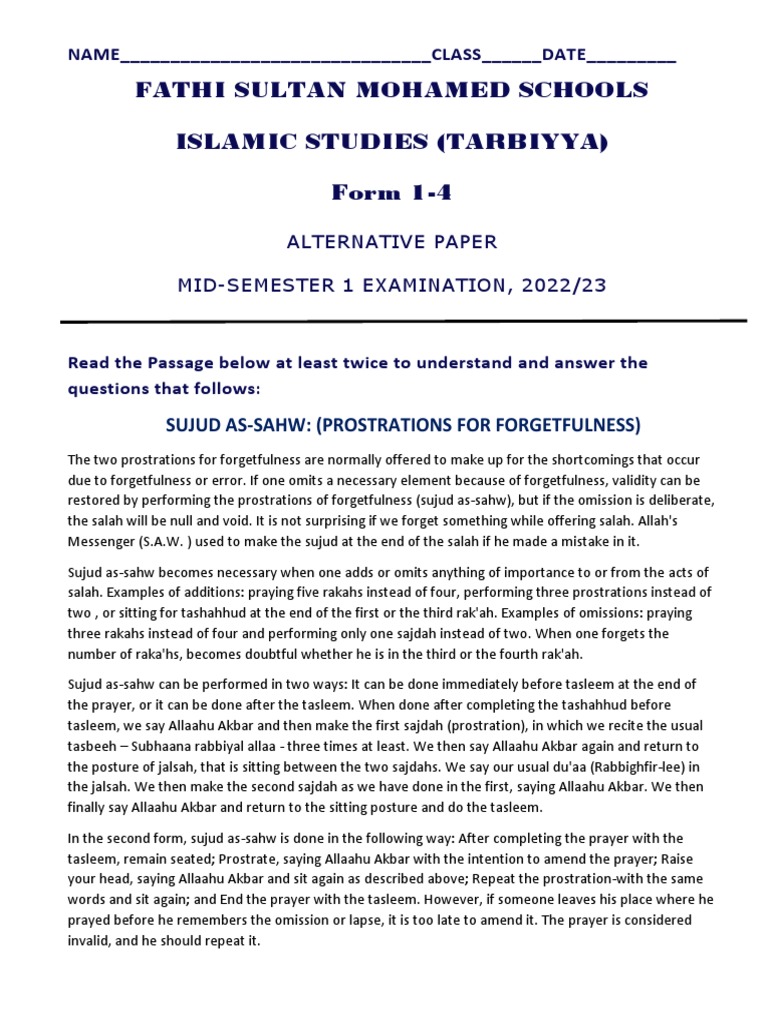 Mid-Semester Islamic Studies Exam | PDF | Semitic Words And Phrases ...