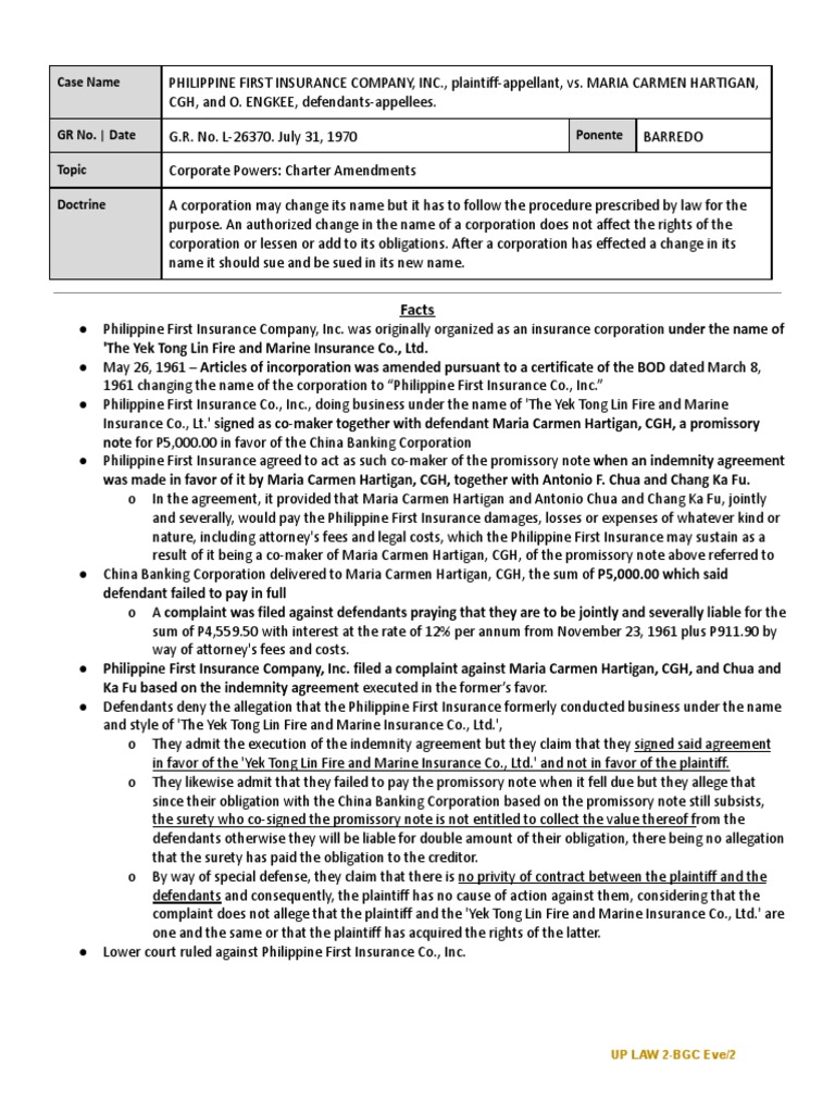 Hartigan vs. Philippine First Insurance | PDF | Corporations | Insurance