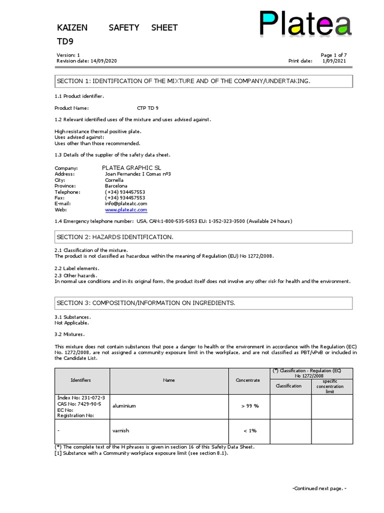 MSDS Kaizen TD9 | PDF | Personal Protective Equipment | Sodium