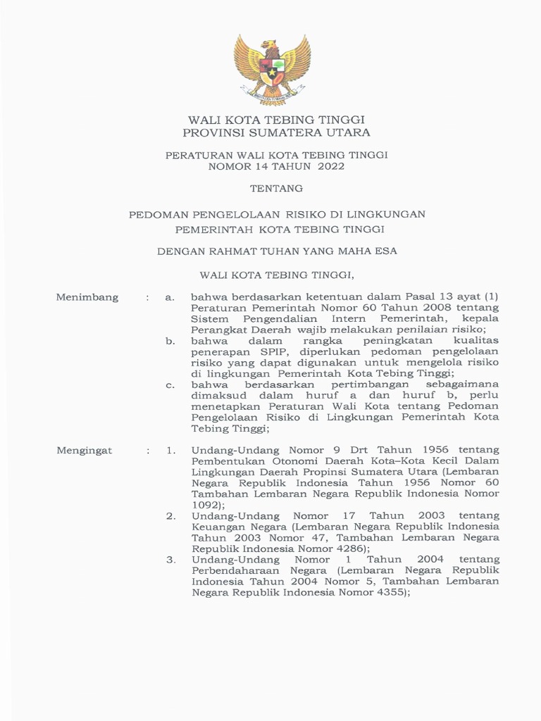 PERWA NO. 14 TAHUN 2022 Tentang Pengelolaan Resiko | PDF