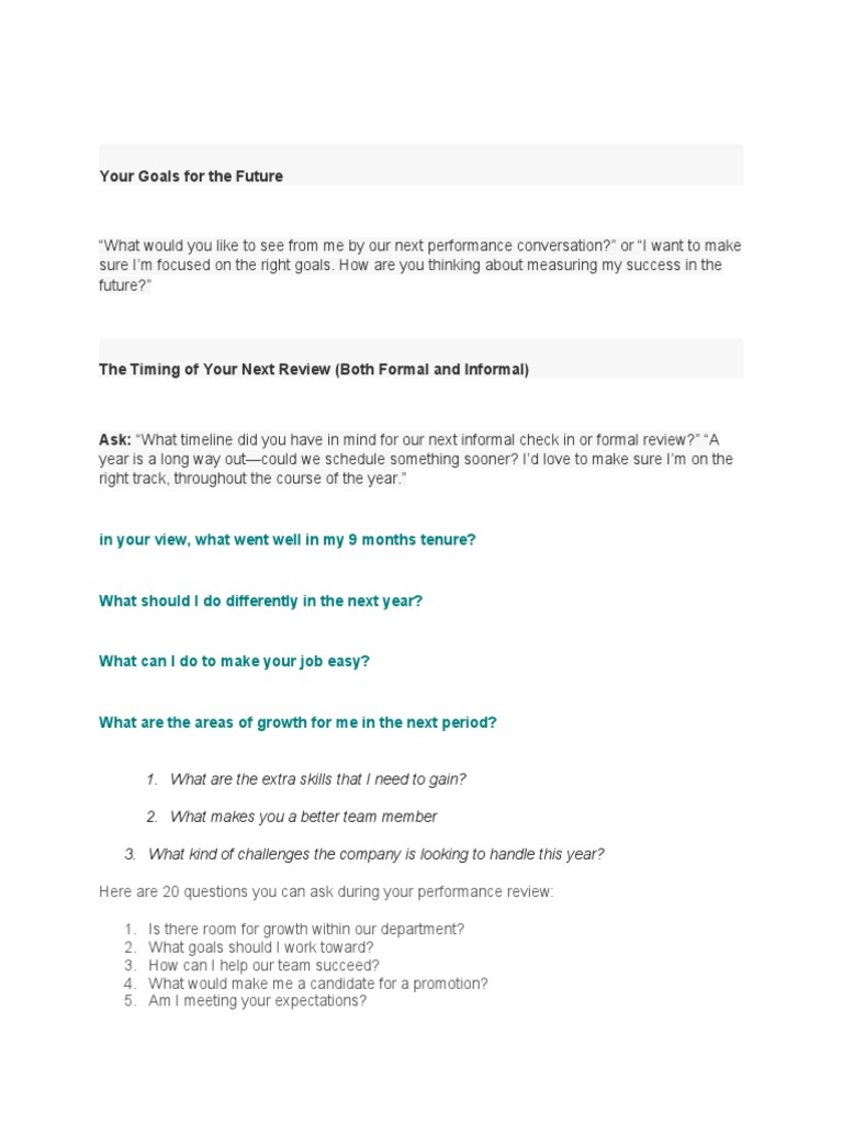 Future Goals and Performance Review Tips | PDF | Performance Appraisal ...