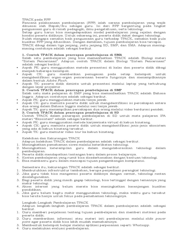 Implementasi TPACK dalam RPP Pembelajaran | PDF