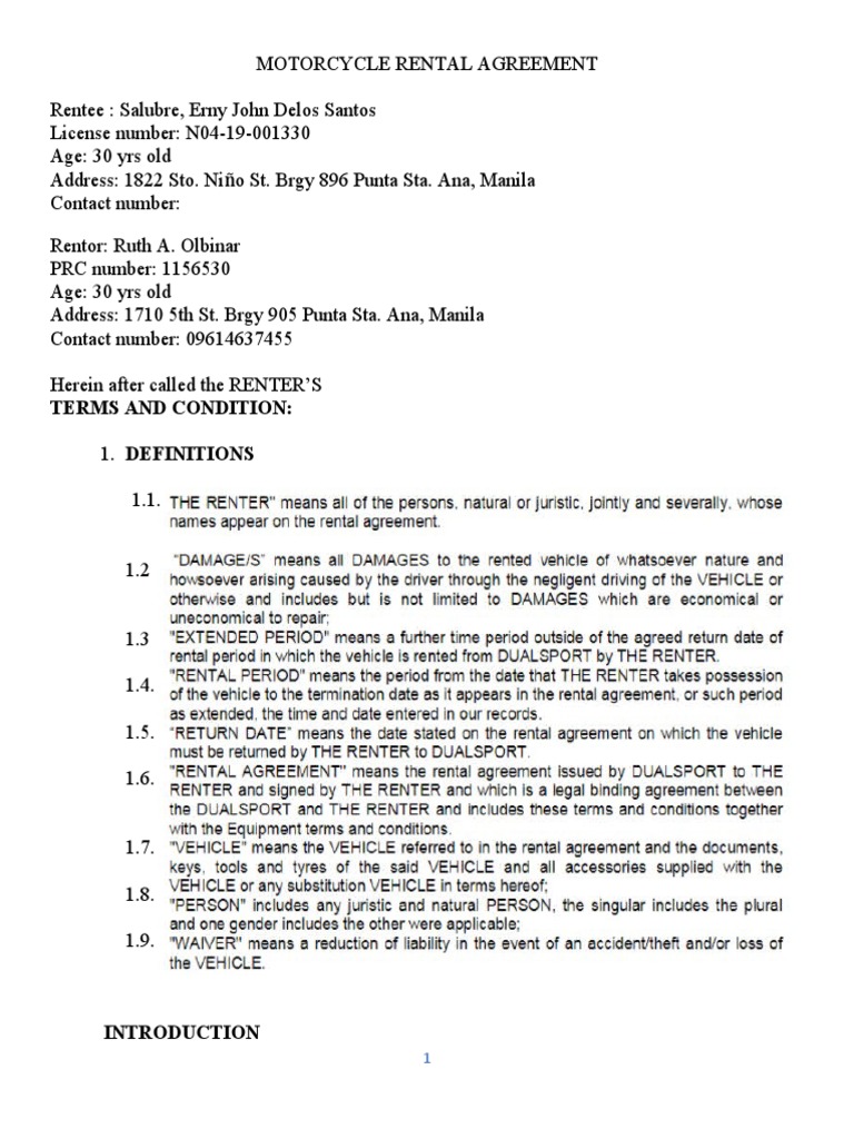 Motorcycle Rental Agreement Template | PDF | Renting | Contract Law