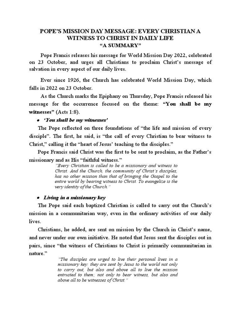 Summary of Pope's Message For World Mission Sunday | PDF | Jesus ...