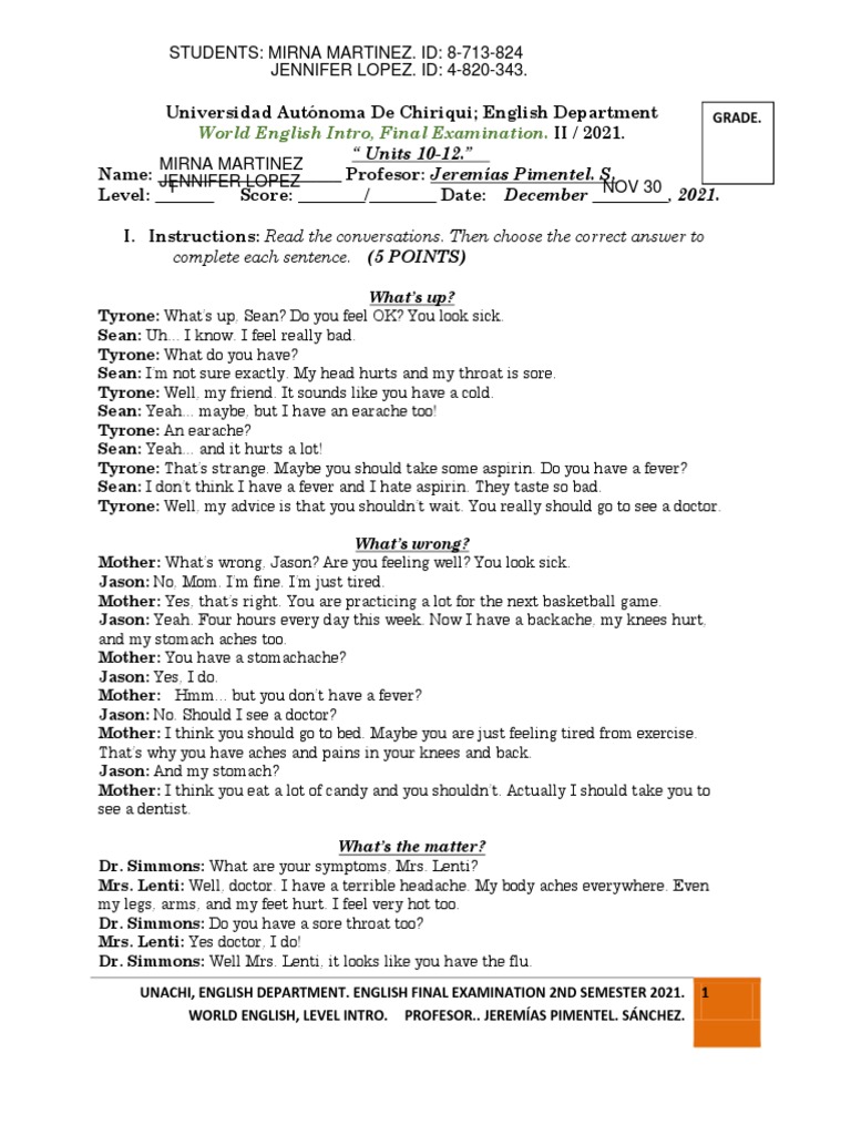 Units 10-12 Final Examination. Students Mirna Martinez and Jennifer ...