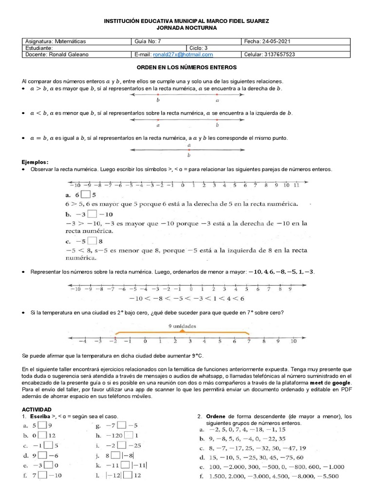 Guia 7 Orden en Los Numeros Enteros Ciclo 3 Mate. Ronald | PDF