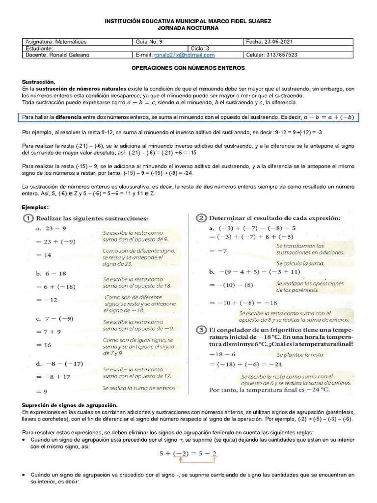 Guia 9 Operaciones Con Numeros Enteros Ciclo 3 Mate. Ronald Galeano | PDF | Sustracción | Entero
