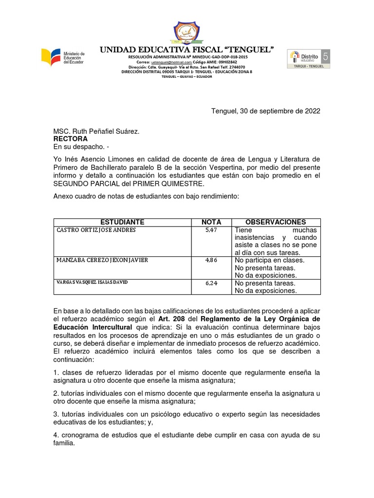 1°BGU B - Informe de Bajo Rendimiento | PDF | Aprendizaje | Modificación de comportamiento