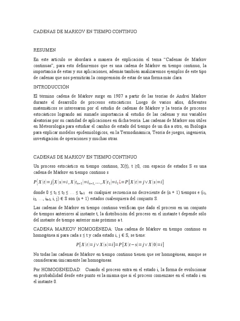 Cadenas de Markov Continuas: Definición y Aplicaciones | PDF | Cadena ...