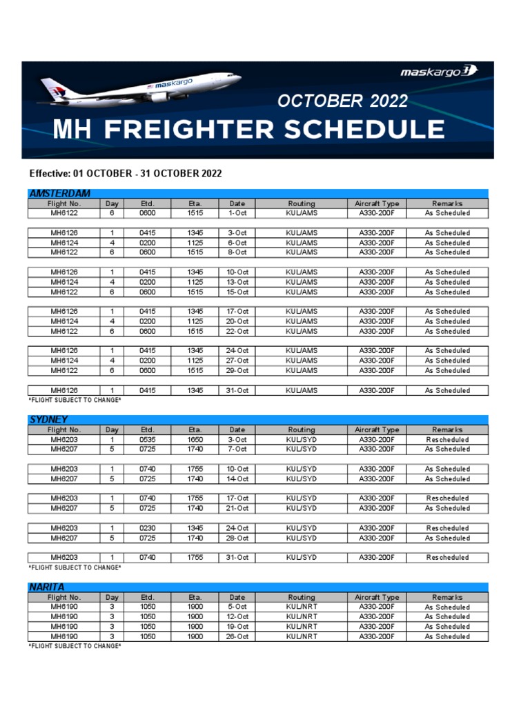 MH Freighter Schedule October 2022 | PDF | Vehicles | Airbus