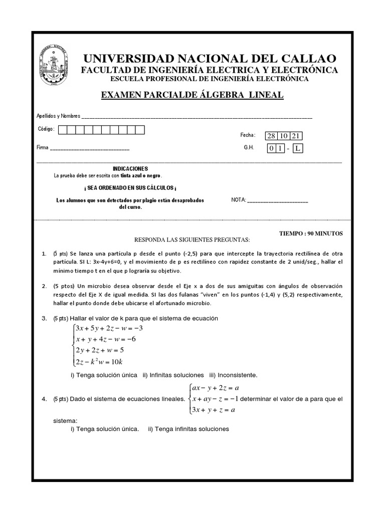 Examen Parcial de Álgebra Lineal | PDF | Física | Objetos matemáticos