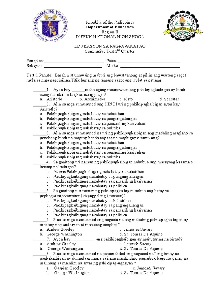 Esp 8 Summative Test 2nd Quarter | PDF