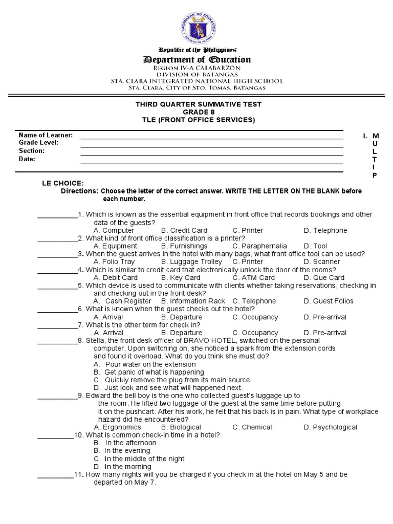TOS and Summative Test 3rd Quarter TLE FASHION ACC. 269copies | PDF ...
