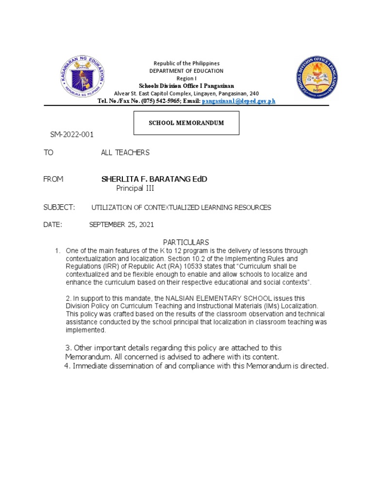 SCHOOL MEMORANDUM On The Utilization of Contextualized Learning Resources | PDF