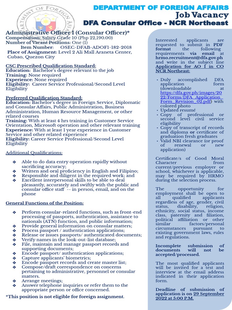 Administrative Officer I Consular Officer - CO NCR Northeast | PDF ...