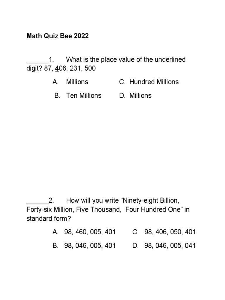 Grade 2 Math Quiz Bee Questions | PDF