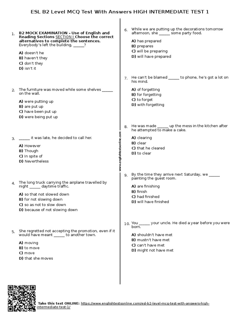 685 - Esl b2 Level MCQ Test With Answers High Intermediate Test 1 | PDF ...