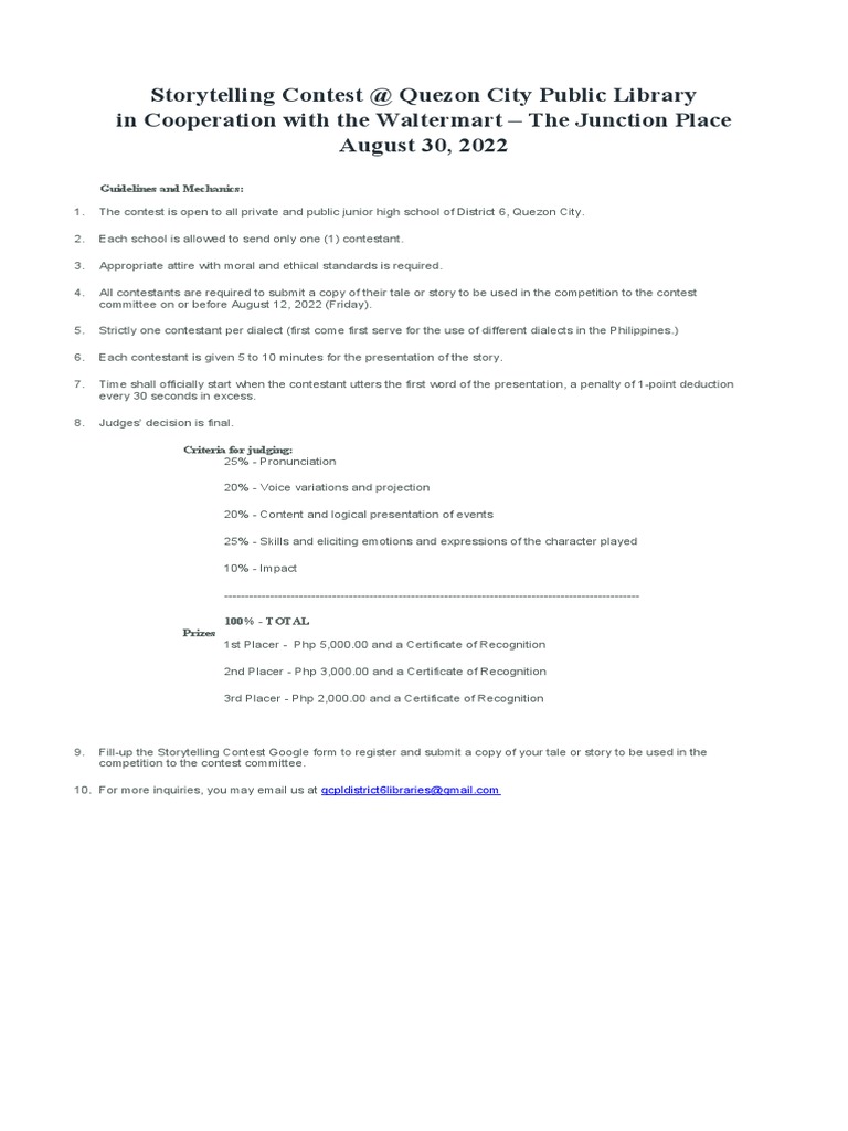 Storytelling Contest Guidelines and Mechanics 2022 | PDF