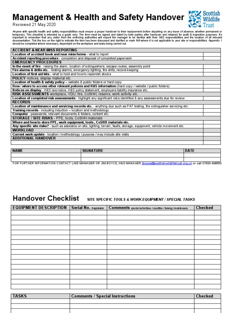Health & Safety Handover Checklist | PDF | Finance & Money Management