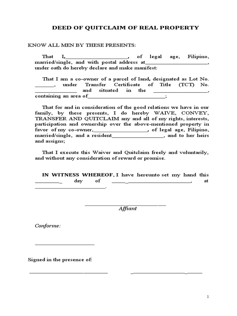 Deed of Quitclaim of Real Property Format | PDF