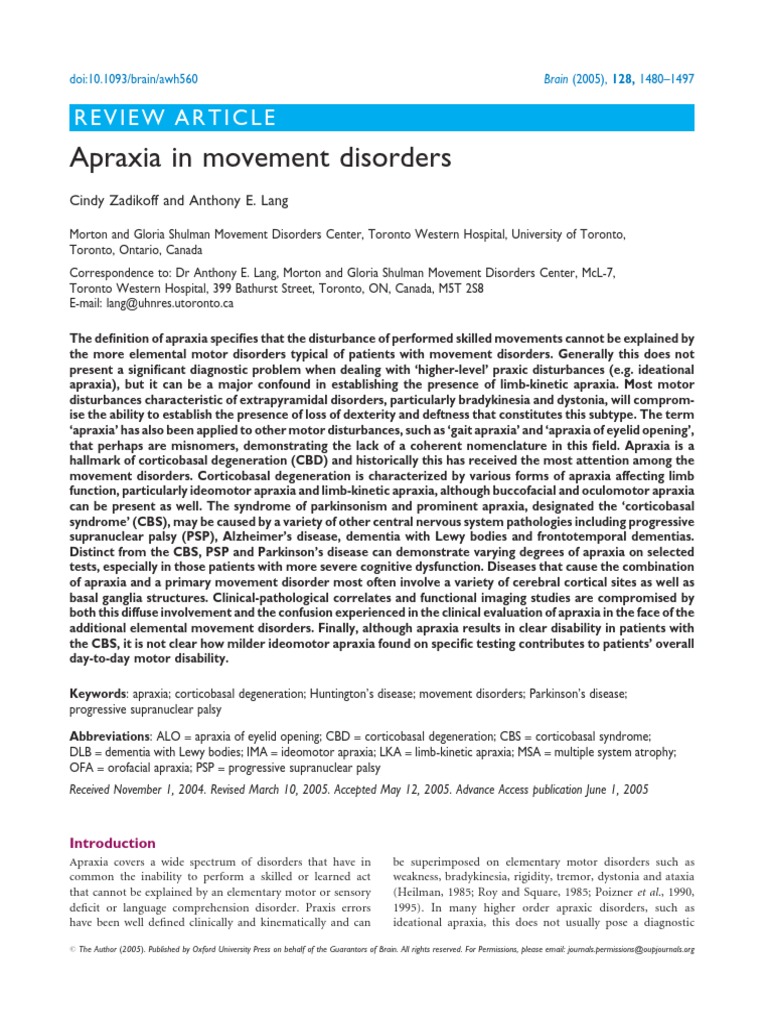 Apraxia in Movement Disorders | PDF | Parietal Lobe | Neurology