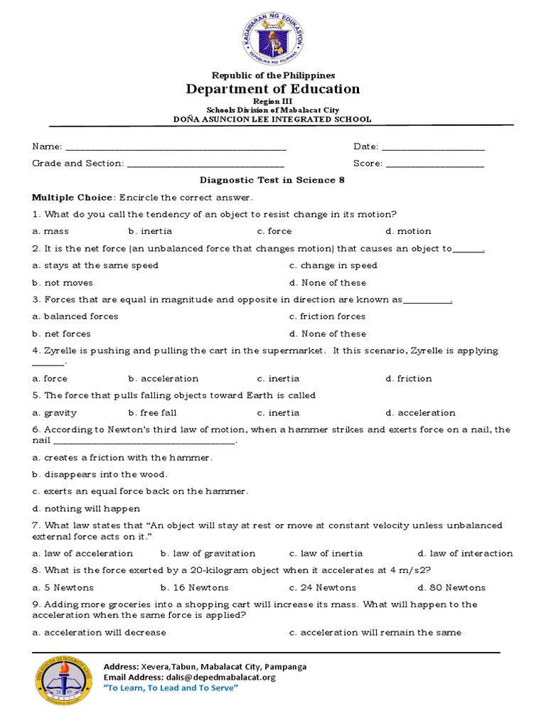 Science 8 - Diagnostic | Download Free PDF | Force | Temperature