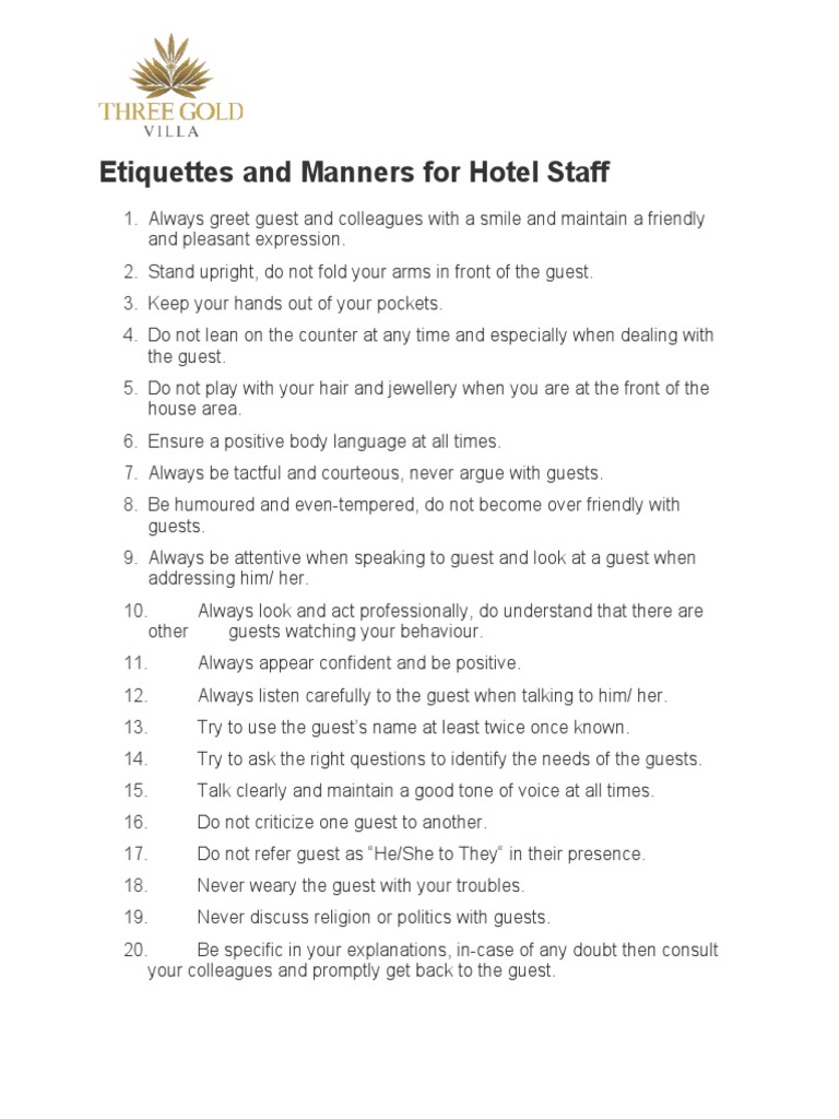 Etiquettes and Manners For Hotel Staf1 | PDF | Body Language